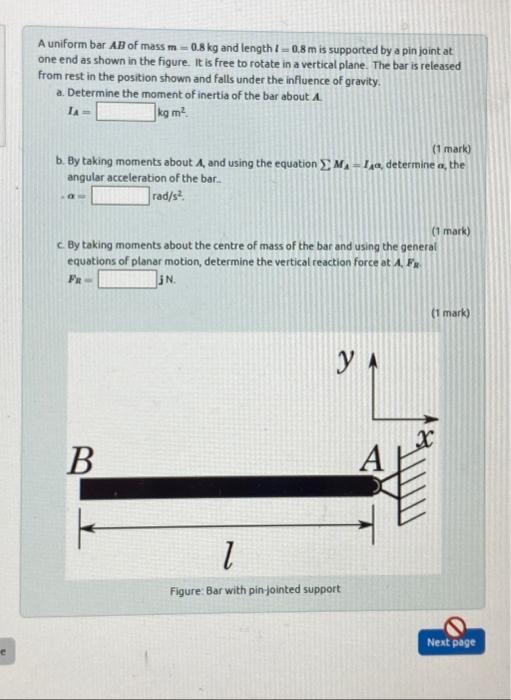 Solved A uniform bar AB of mass m=0.8 kg and length l=0.8 m | Chegg.com