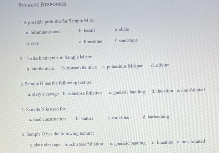 Solved 1. A possible protolith for Sample M is: a. | Chegg.com