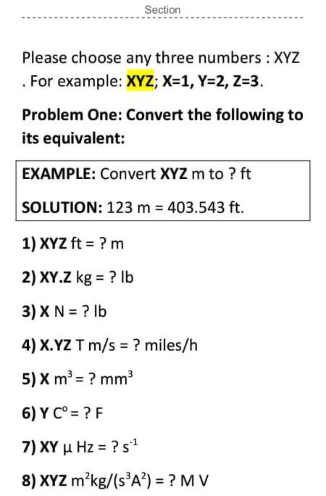 Solved Section Please choose any three numbers : XYZ For | Chegg.com