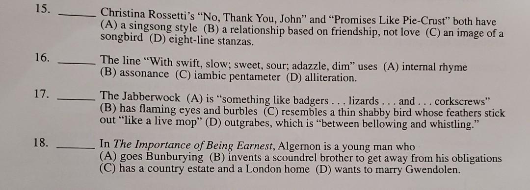 Solved 15. Christina Rossetti's "No, Thank You, John" and | Chegg.com