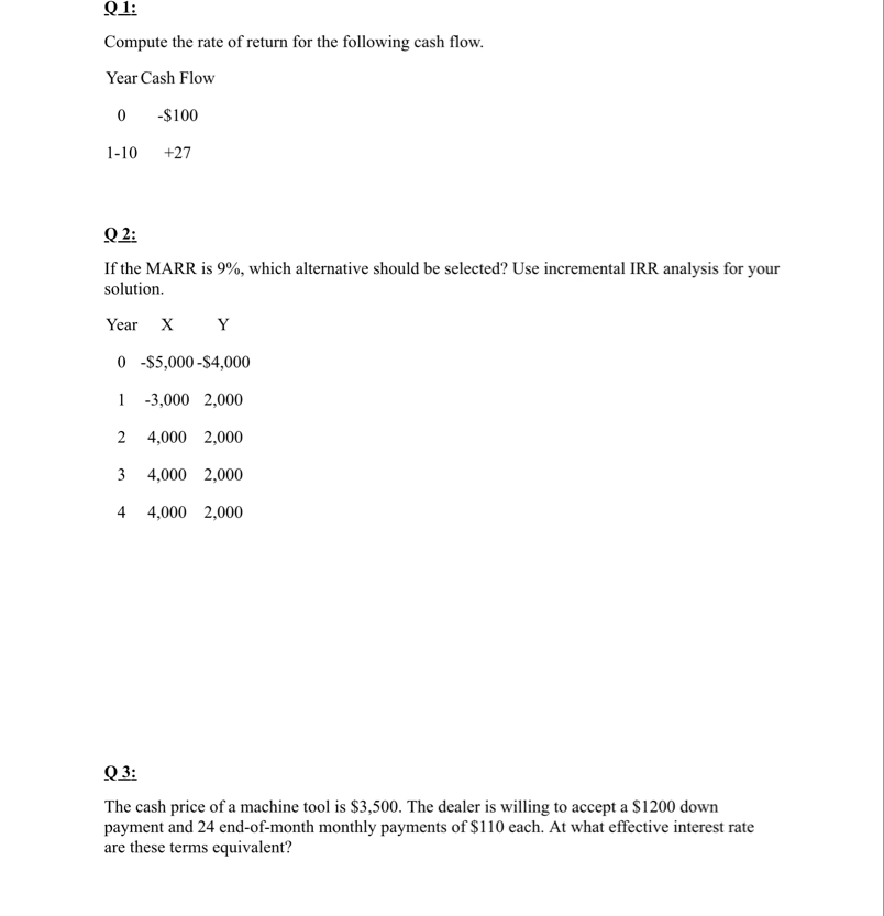 Solved Q1:Compute the rate of return for the following cash | Chegg.com