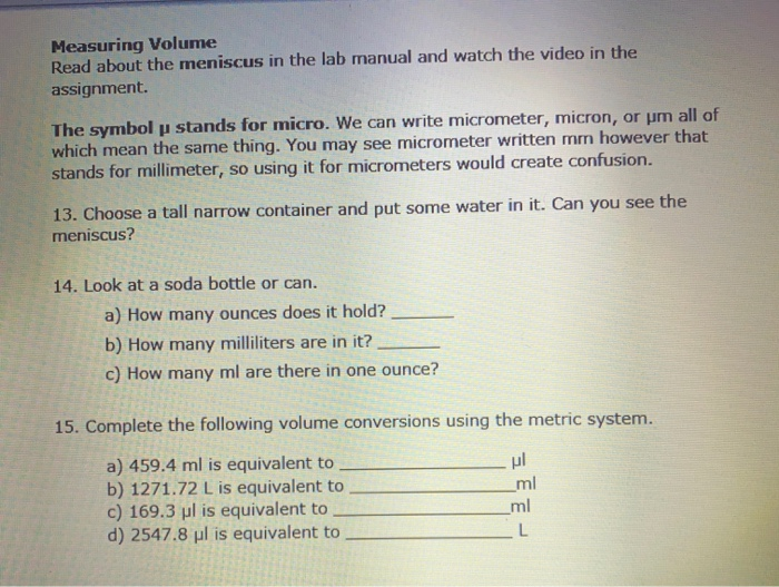 Solved Measuring Volume Read about the meniscus in the lab | Chegg.com