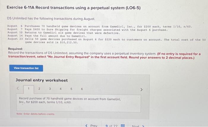 Solved Exercise 6-11A Record transactions using a perpetual | Chegg.com