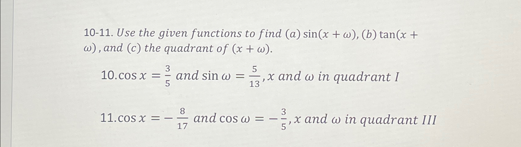 Solved 10-11. ﻿Use the given functions to find (a) ω, ﻿and | Chegg.com