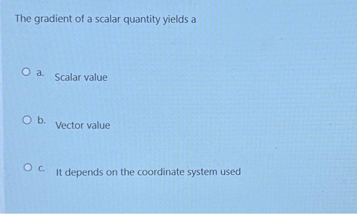 Solved The gradient of a scalar quantity yields a a. Scalar | Chegg.com