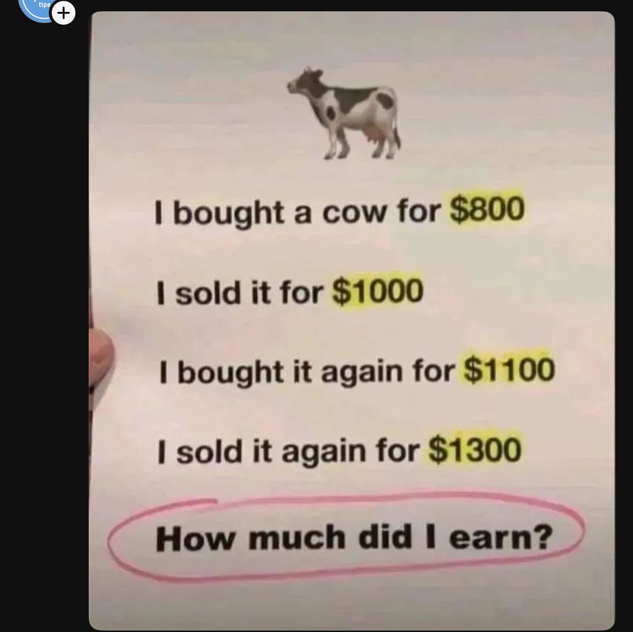 Solved I bought a cow for $800I sold it for $1000I bought it | Chegg.com