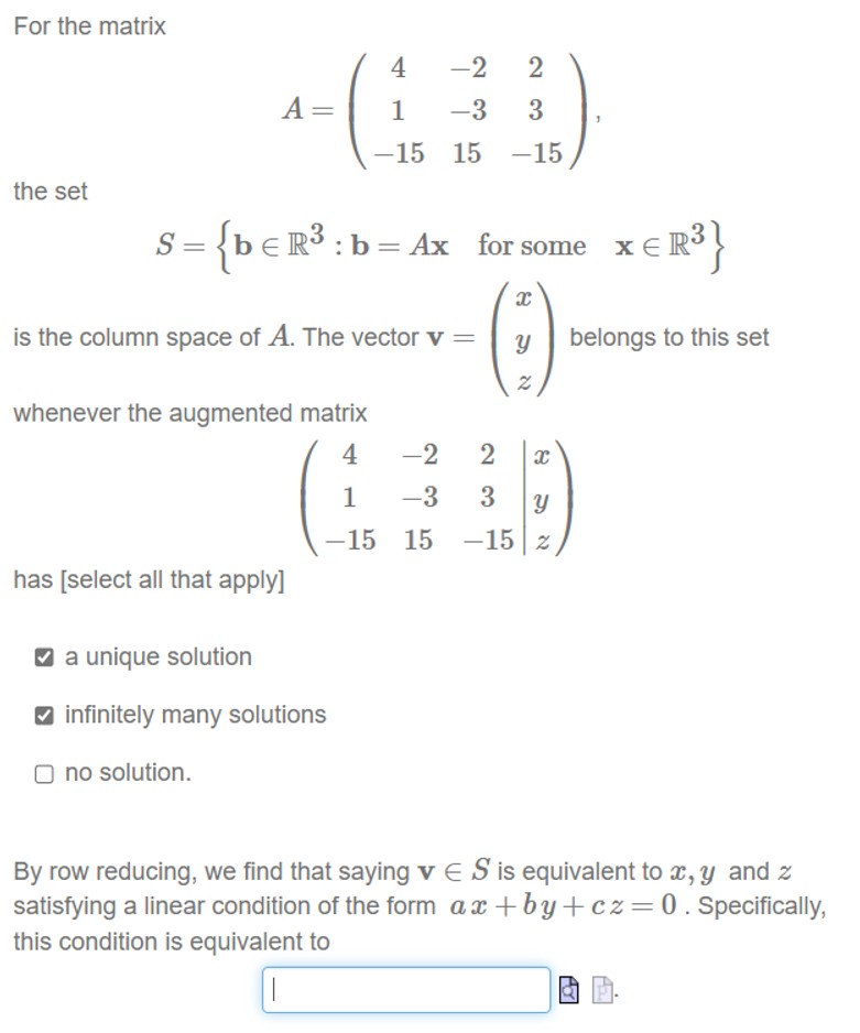 Solved For the matrixA=([4,-2,2],[1,-3,3],[-15,15,-15])the | Chegg.com