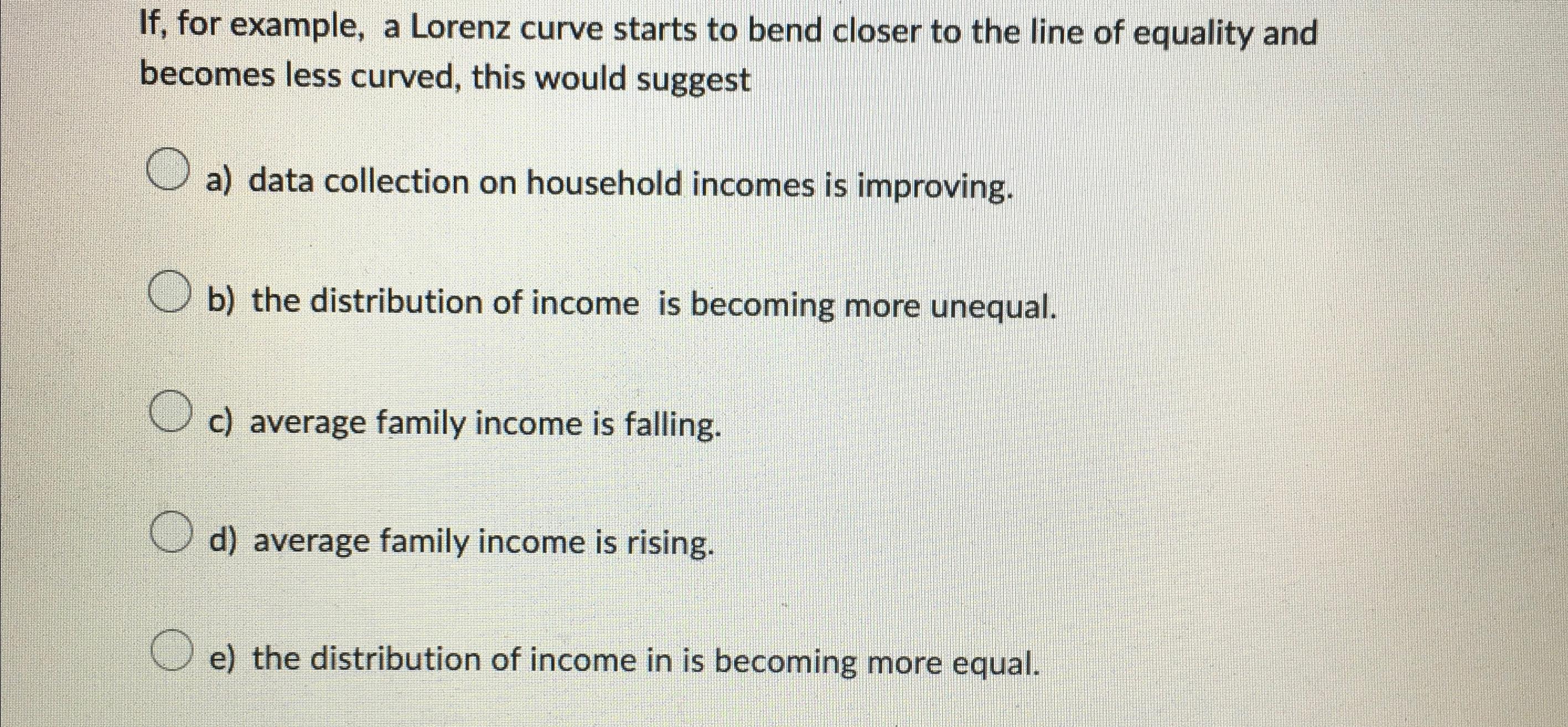 Solved If, ﻿for example, a Lorenz curve starts to bend | Chegg.com