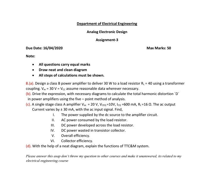 Solved Department of Electrical Engineering Analog | Chegg.com