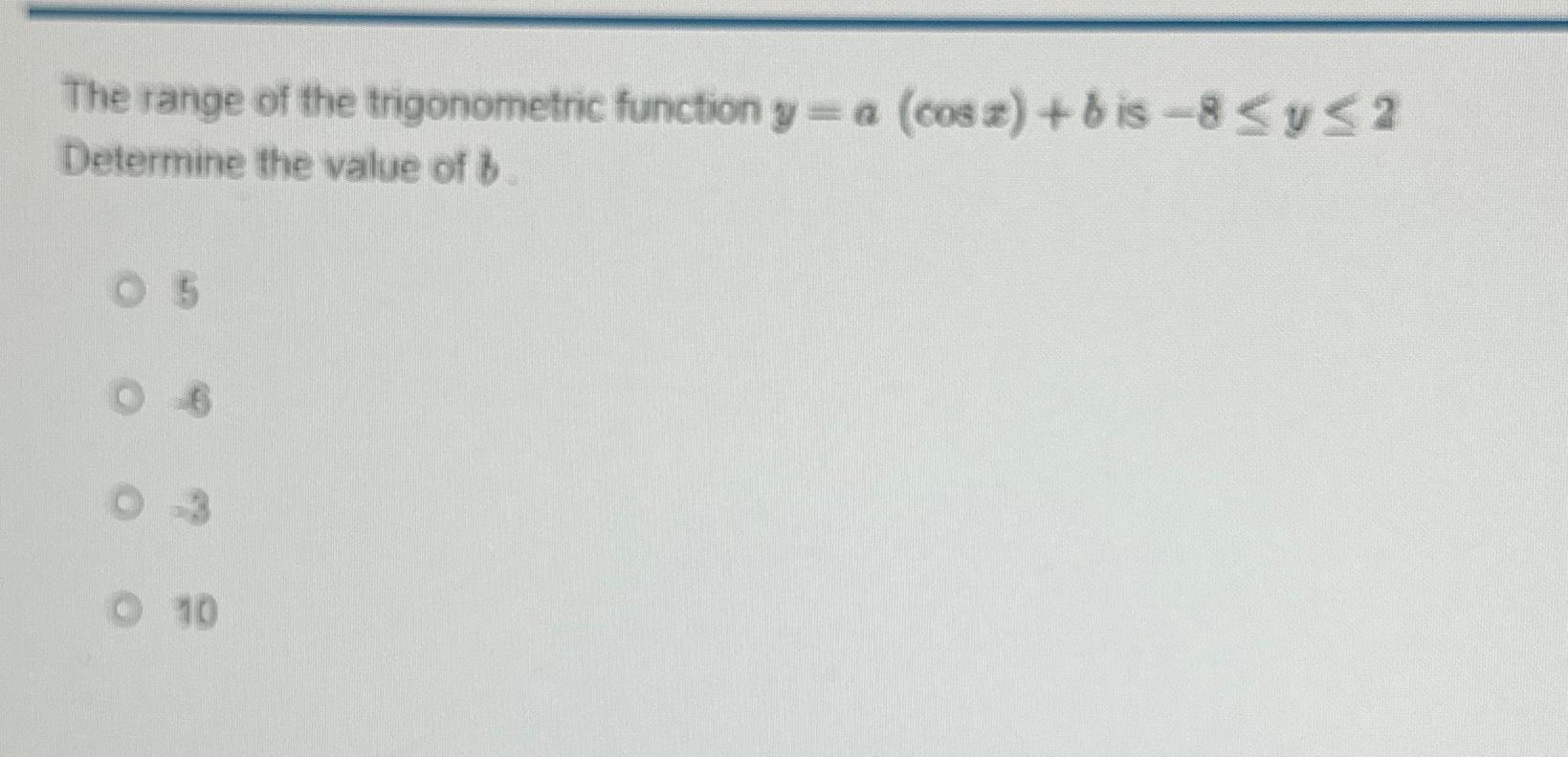 Solved The range of the trigonometric function y=a(cosx)+b | Chegg.com