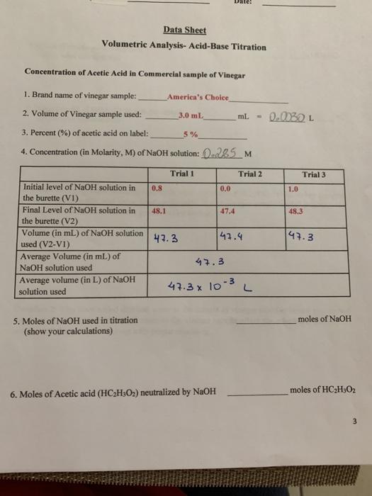 Solved Data Sheet Volumetric Analysis- Acid-Base Titration | Chegg.com