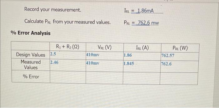 Solved Record your measurement. IRL=1.86 mA Calculate PRL | Chegg.com