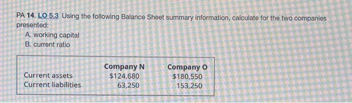 Solved PA 14. LO 5.3 Using the following Balance Sheet | Chegg.com