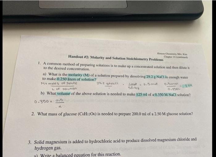 Solved Honen Chemie Mrs. Kim Handout #2: Molarity and | Chegg.com