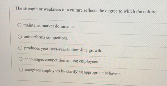 Solved The strength or weakness of a culture reflects the | Chegg.com