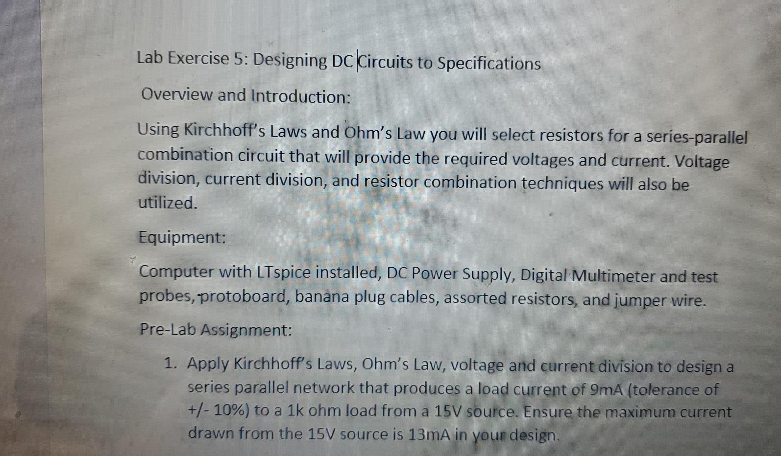 Solved Lab Exercise 5: Designing DC Circuits to | Chegg.com