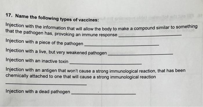 Solved 17. Name the following types of vaccines: Injection | Chegg.com