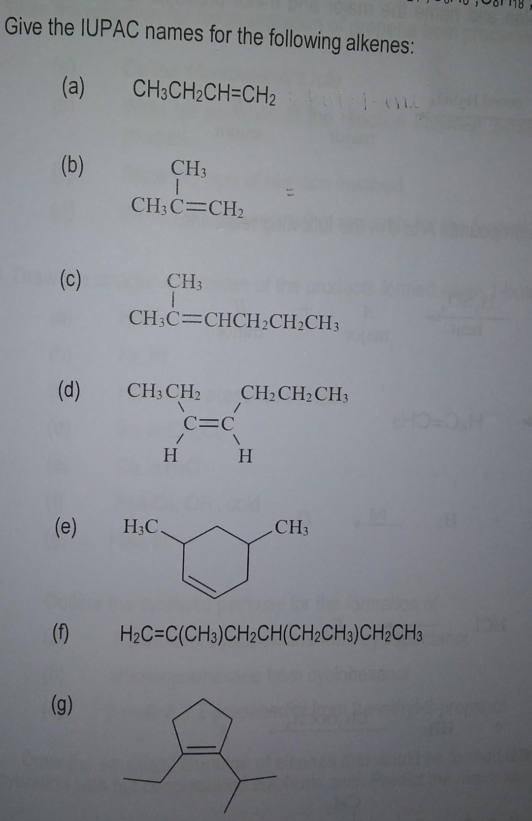 Solved Give the IUPAC names for the following alkenes: (a) | Chegg.com