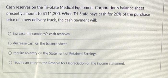 Solved Cash reserves on the Tri-State Medical Equipment | Chegg.com