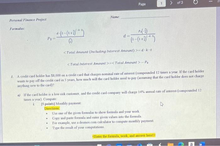 Solved Personal Finance Project Formulas: P0=( i) | Chegg.com