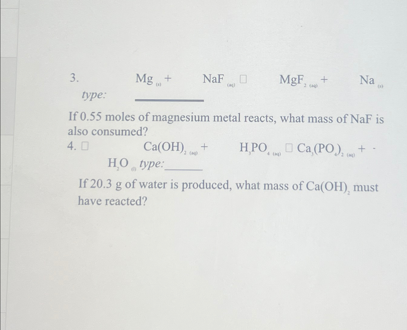Solved Mg(s)+,NaF(aq) ,MgF2 (aq) +,Na ﻿type:If 0.55 ﻿moles | Chegg.com