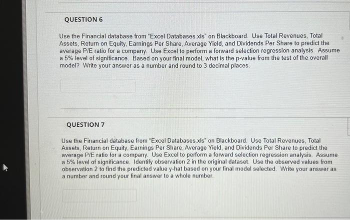 Use the Financial database from "Excel Databases.xls" | Chegg.com