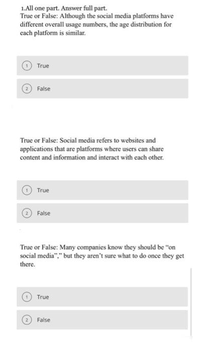 Solved 1.All one part. Answer full part. True or False: | Chegg.com
