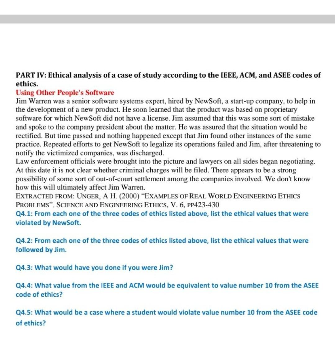 Solved PART IV: Ethical analysis of a case of study | Chegg.com