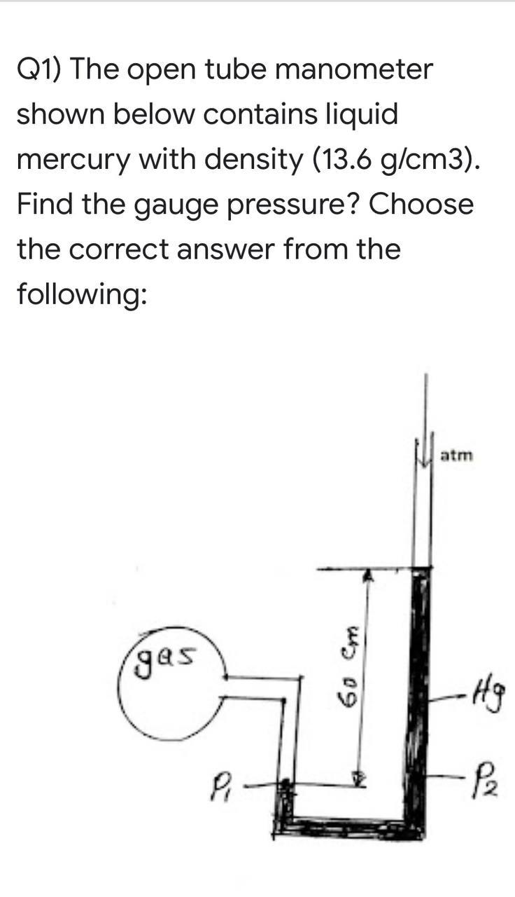 Solved Q1) The open tube manometer shown below contains | Chegg.com