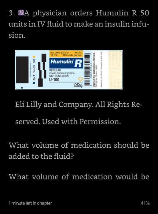 Solved 3. A physician orders Humulin R 50 units in IV fluid | Chegg.com