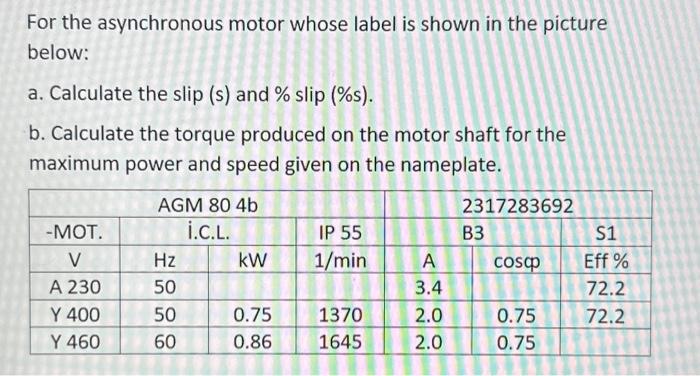 Solved For the asynchronous motor whose label is shown in | Chegg.com