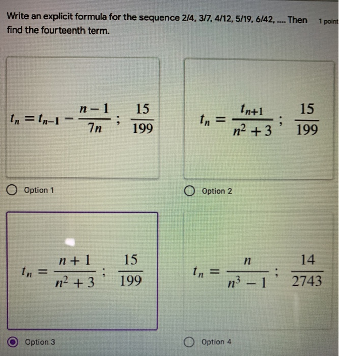 Solved Write an explicit formula for the sequence 2/4, 3/7, | Chegg.com