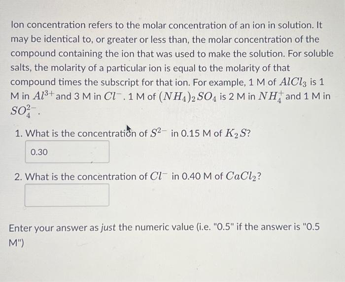 Solved Ion concentration refers to the molar concentration | Chegg.com