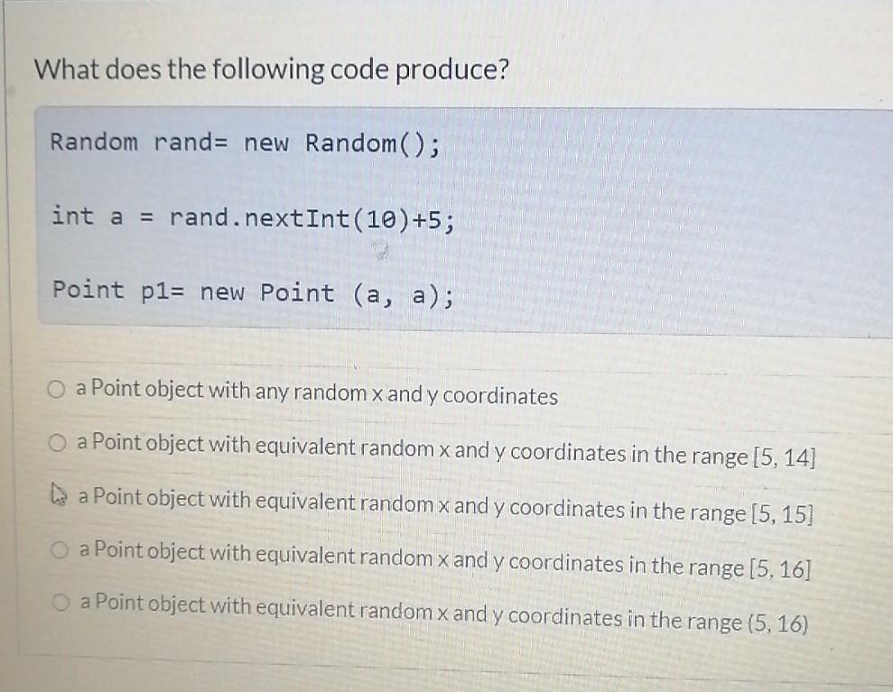 Solved What does the following code produce? Random rand= | Chegg.com