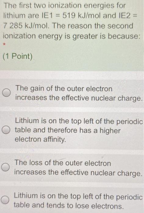 Solved The first two ionization energies for lithium are IE1 | Chegg.com