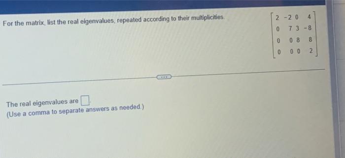 Solved For the matrix, list the real eigenvalues, repeated | Chegg.com
