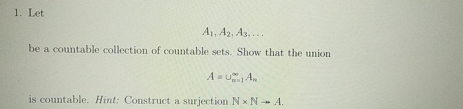 Solved 1. Let A1, A2, A3,... be a countable collection of | Chegg.com