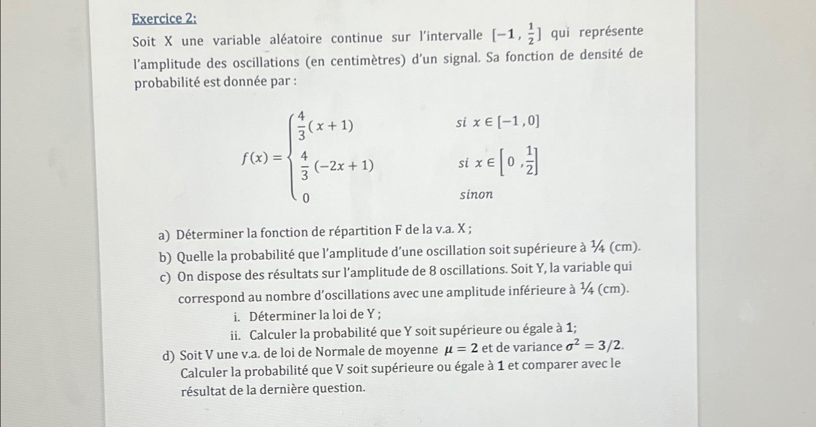 Solved Exercice 2:Soit x ﻿une variable aléatoire continue | Chegg.com