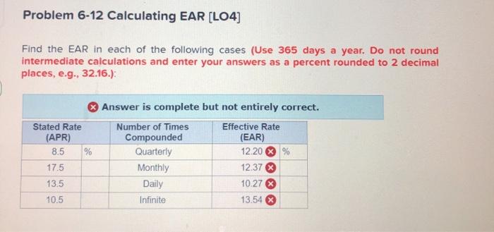 Solved Problem 6-12 Calculating EAR (L04) Find the EAR in | Chegg.com