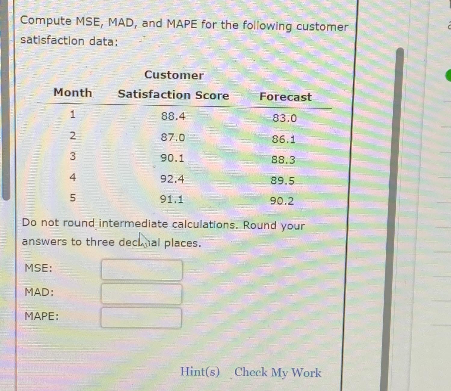 Solved Compute MSE, MAD, and MAPE for the following customer | Chegg.com