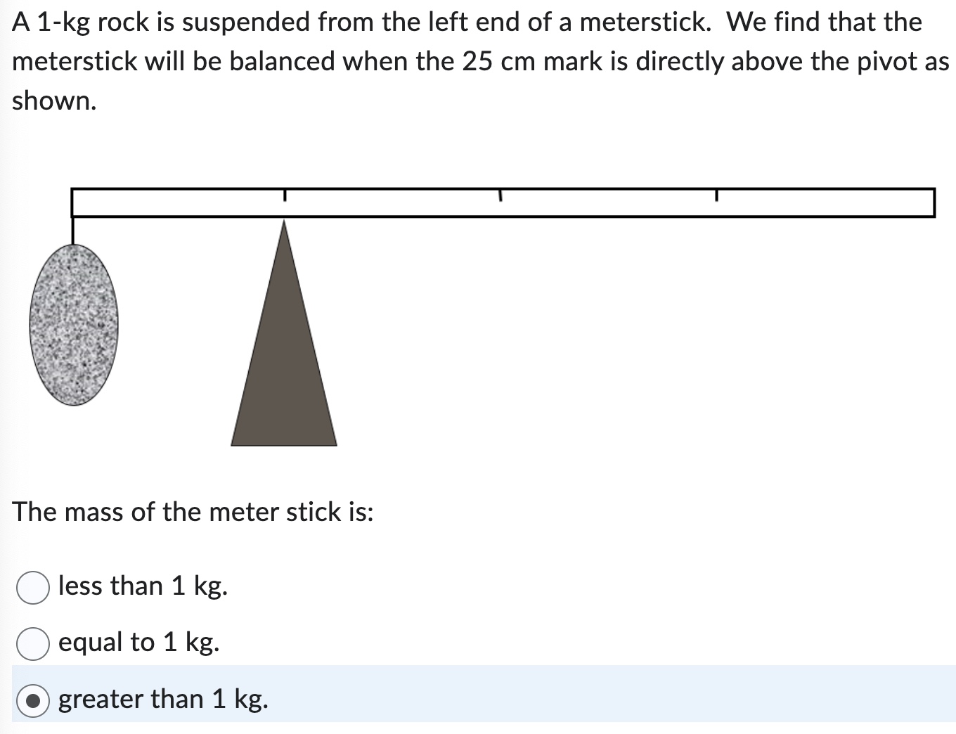 Solved A 1-kg rock is suspended from the left end of a | Chegg.com