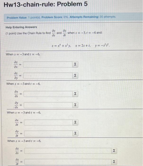 Solved Help Entering Answers (1 point) Use the Chain Rule to | Chegg.com