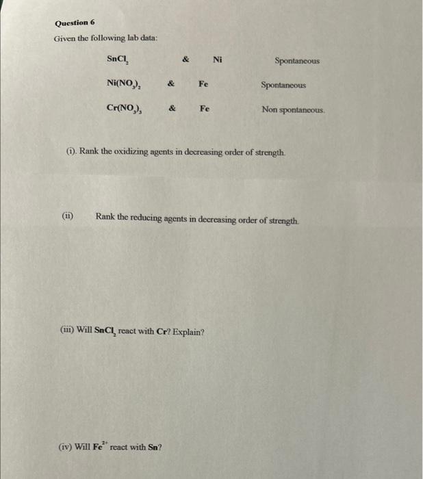 Solved Question 6 Given the following lab data: (i). Rank | Chegg.com