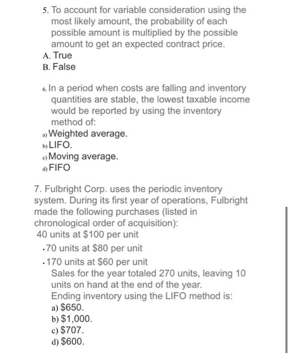 Solved 5. To account for variable consideration using the | Chegg.com