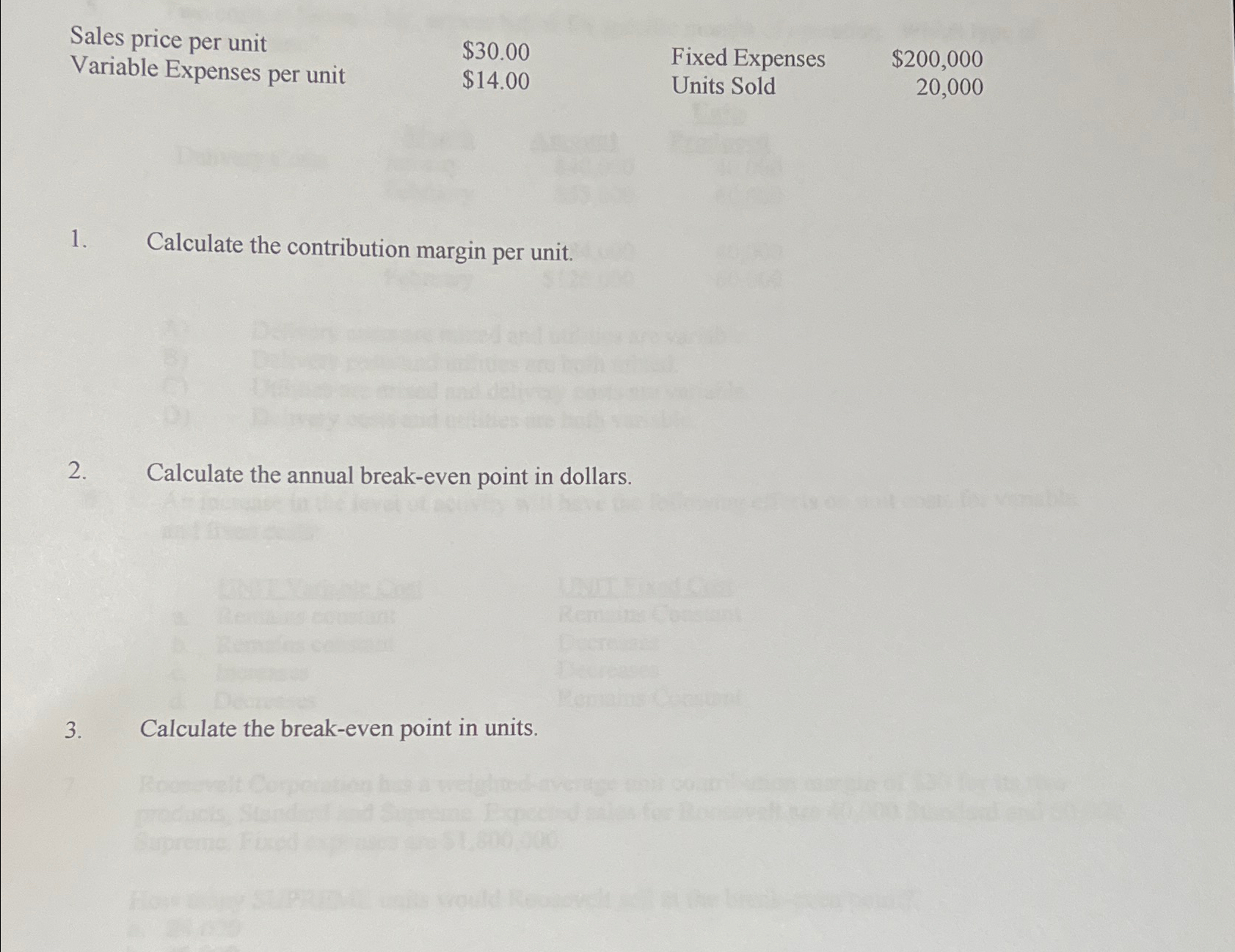 Solved Sales price per unit Variable Expenses per | Chegg.com