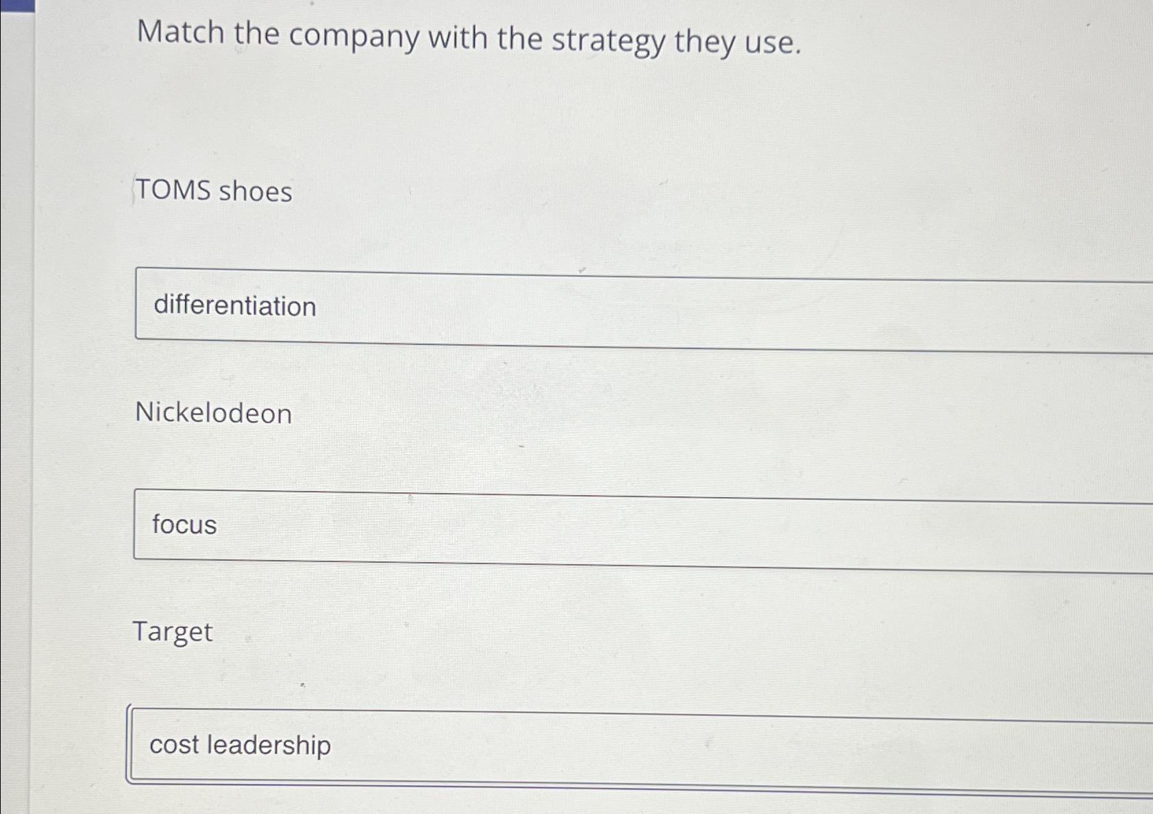 Solved Match the company with the strategy they use.TOMS | Chegg.com