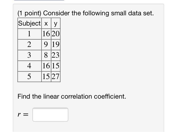 Solved 1 (1 point) Consider the following small data set. | Chegg.com