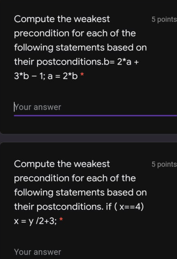 Solved 5 points Compute the weakest precondition for each of | Chegg.com