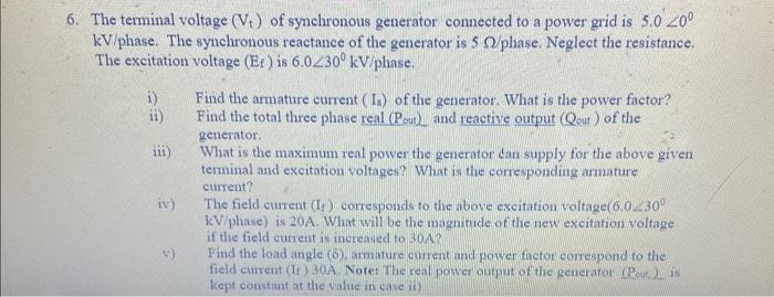 The terminal voltage (Vt) of synchronous generator | Chegg.com