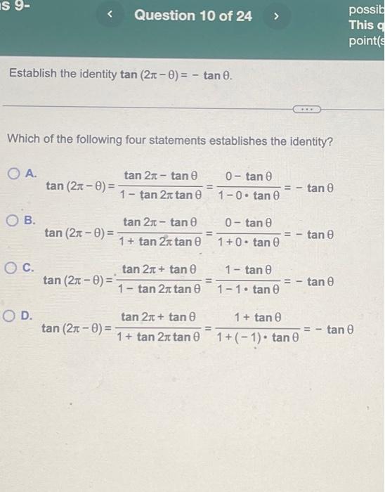 Solved Establish the identity tan(2π−θ)=−tanθ. Which of the | Chegg.com